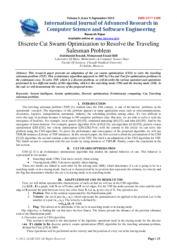 Discrete Cat Swarm Optimization To Resolve The Traveling Salesman Problem