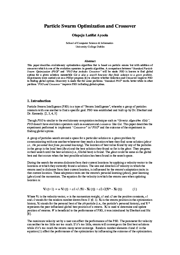 Pdf Particle Swarm Optimization And Crossover