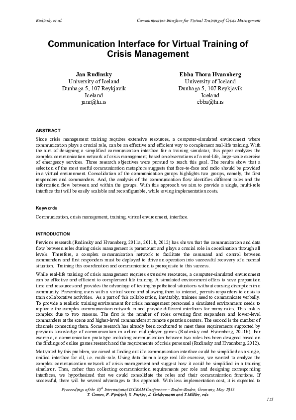 (PDF) Communication Interface for Virtual Training of Crisis Management