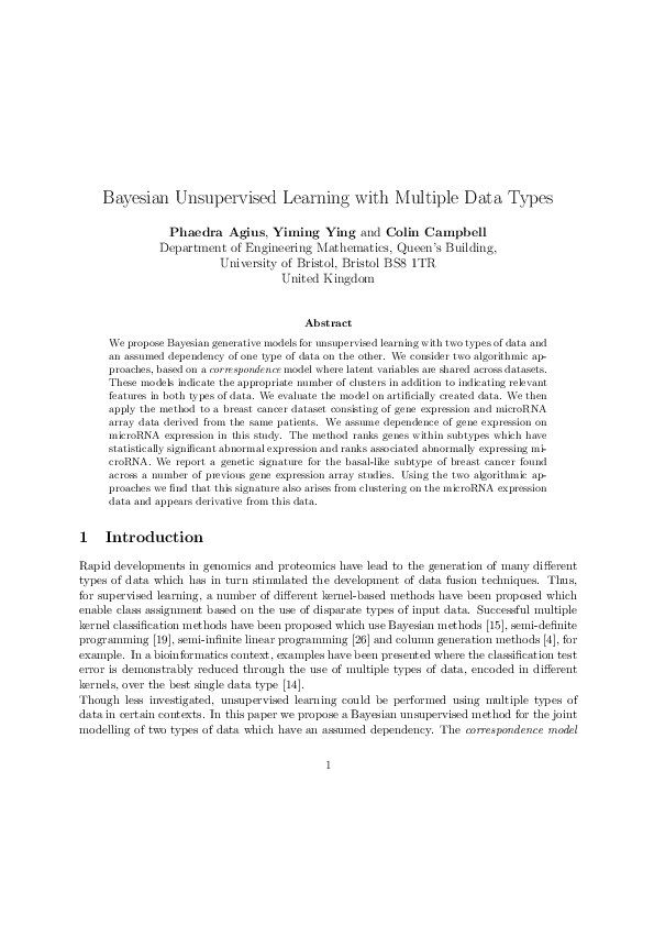 (PDF) Bayesian Unsupervised Learning with Multiple Data Types