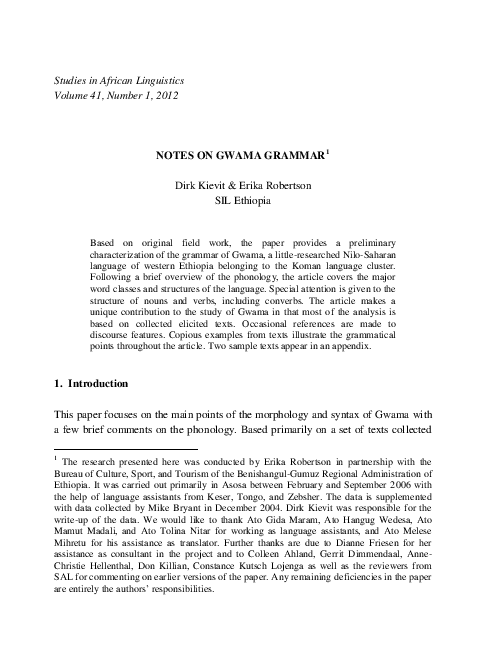(PDF) Notes on Gwama Grammar