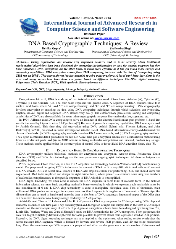 (PDF) © 2013, IJARCSSE All Rights Reserved DNA Based Cryptographic Techniques: A Review