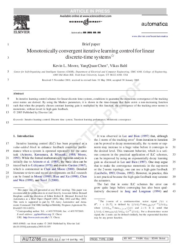 Pdf Monotonically Convergent Iterative Learning Control For Linear Discrete Time Systems