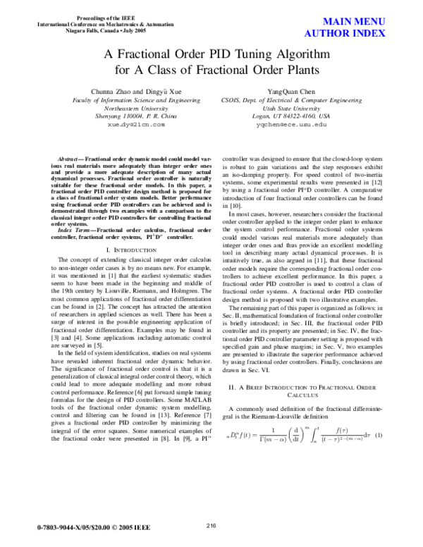 Pdf A Fractional Order Pid Tuning Algorithm For A Class Of Fractional 1275