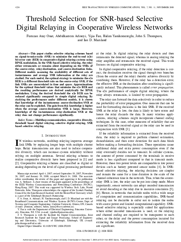Pdf Threshold Selection For Snr Based Selective Digital Relaying In Cooperative Wireless Networks
