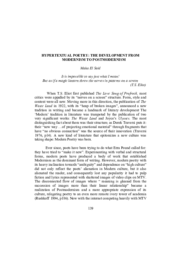 (DOC) Hyper textual Poetry: From Modernism to Post Modernism