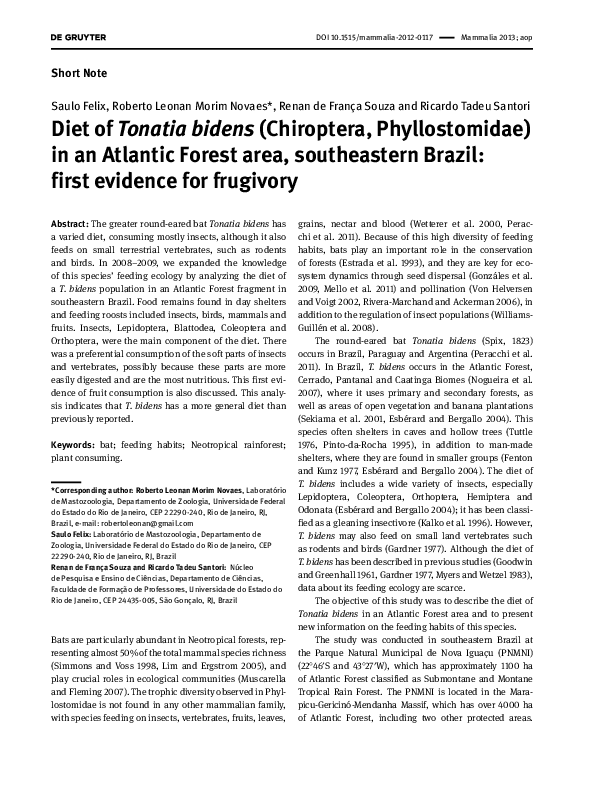 (PDF) Diet of Tonatia bidens (Chiroptera, Phyllostomidae) in an ...