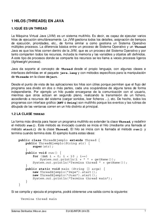 (PDF) Sistemas Distribuidos::Hilos en Java 1 HILOS (THREADS) EN JAVA 1.1QUÉ ES UN THREAD