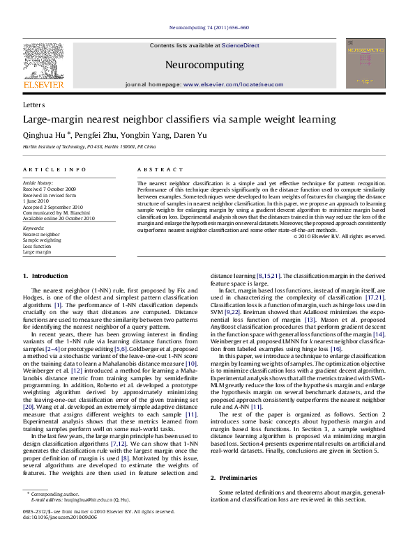 Pdf Qhu Pzhu Dyu Large Margin Nearest Neighbor Classifiers Via Sample Weight Learning