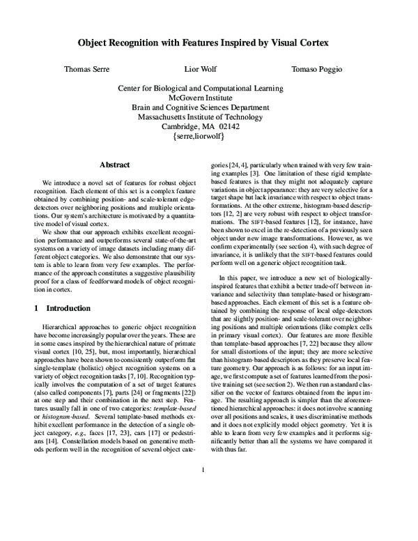 Pdf Object Recognition With Features Inspired By Visual Cortex
