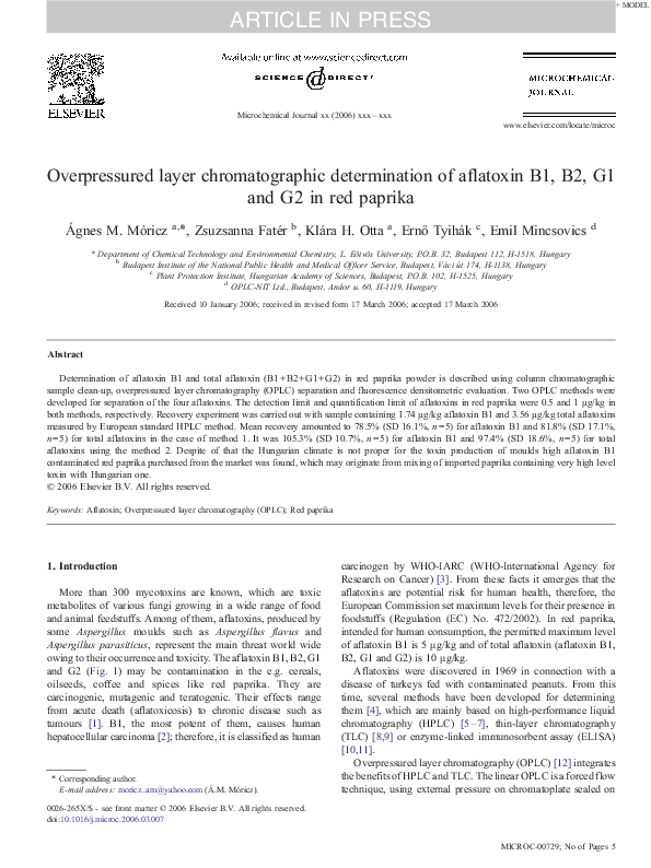(PDF) Overpressured layer chromatographic determination of aflatoxin B1, B2, G1 and G2 in red ...