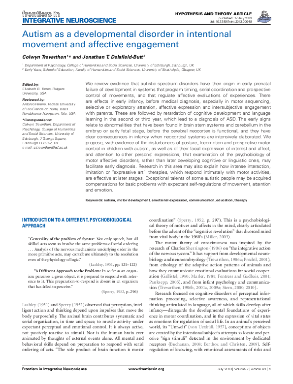 (PDF) Autism as a developmental disorder in intentional movement and ...