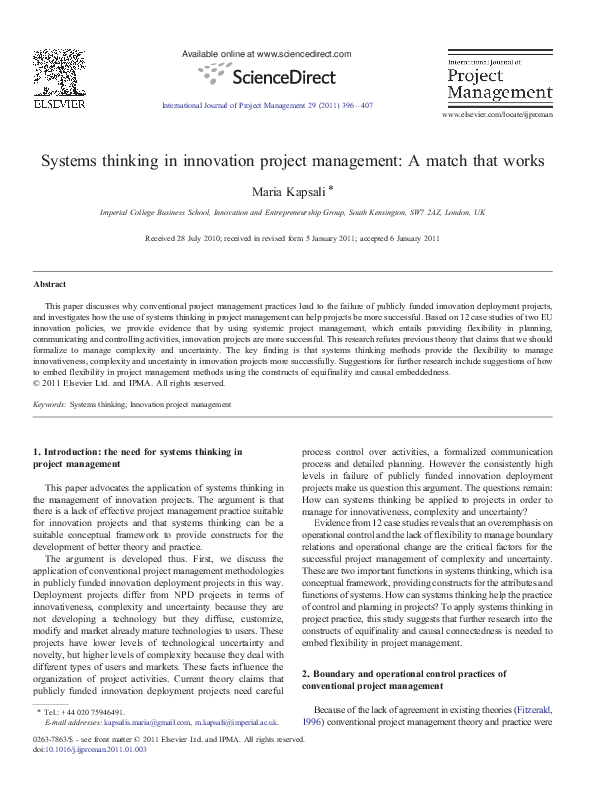 (PDF) Systems Thinking in Innovation Project Management: a match that works