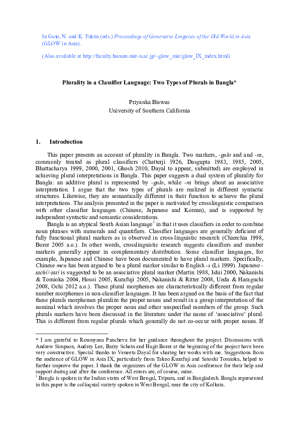 Pdf Plurality In A Classifier Language Two Types Of Plurals In Bangla