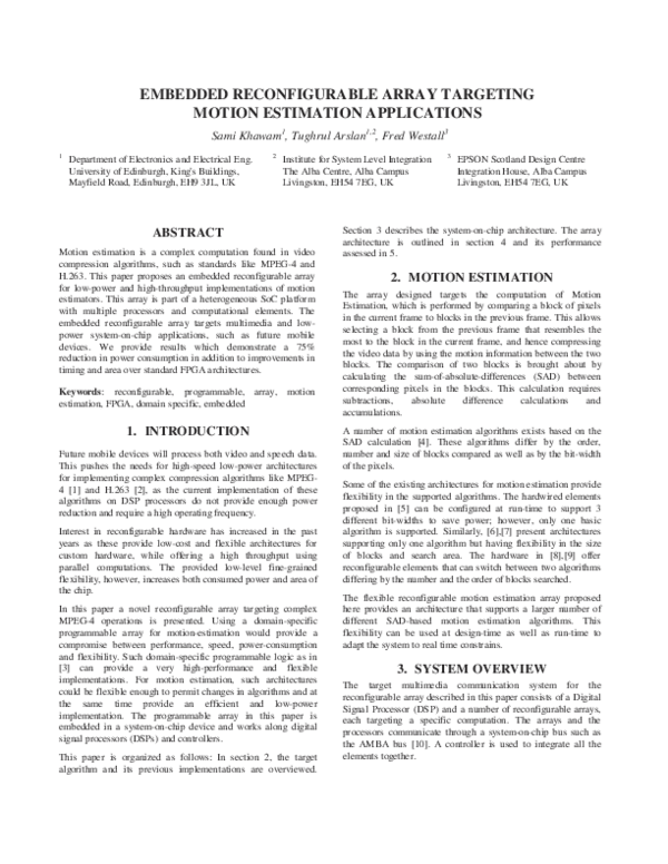 Pdf Embedded Reconfigurable Array Targeting Motion Estimation Applications 9186