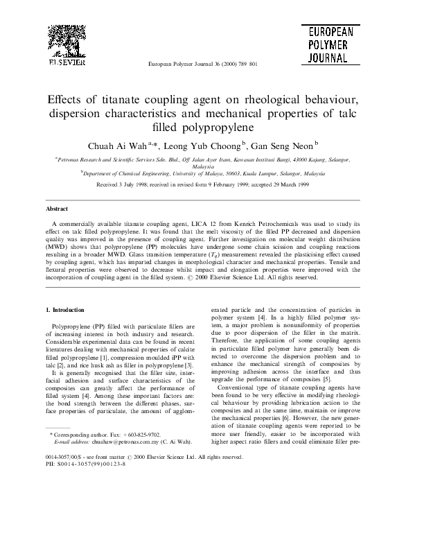 (PDF) E ects of titanate coupling agent on rheological behaviour ...