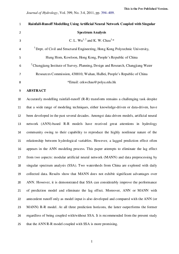 Rainfall Runoff Modeling Using Artificial Neural Network Coupled With Singular Spectrum Analysis