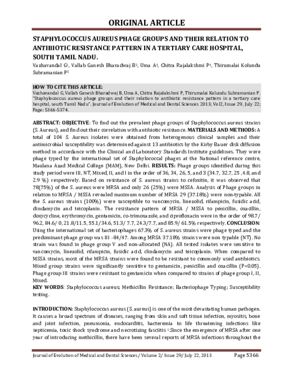 STAPHYLOCOCCUS AUREUS PHAGE GROUPS AND THEIR RELATION TO ANTIBIOTIC RESISTANCE PATTERN IN A ...