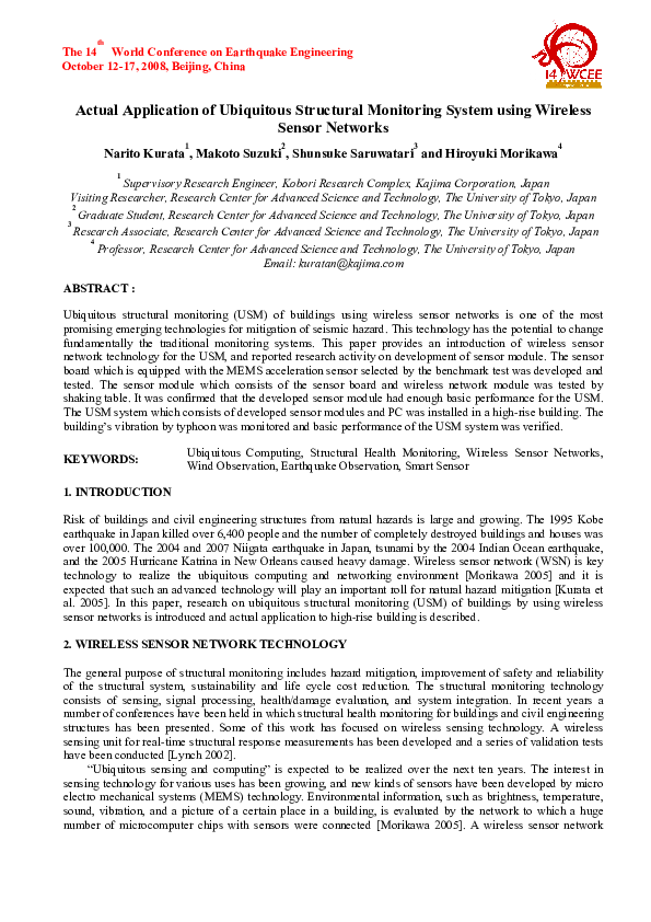 Pdf Actual Application Of Ubiquitous Structural Monitoring System Using Wireless Sensor Networks