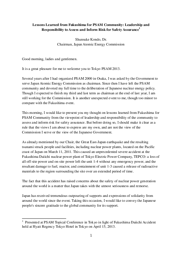 (DOC) Lessons Learned from Fukushima for PSAM Community