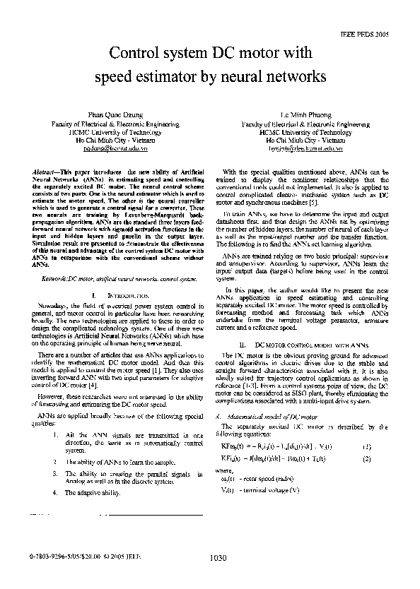 Pdf Control System Dc Motor With Speed Estimator By Neural Networks