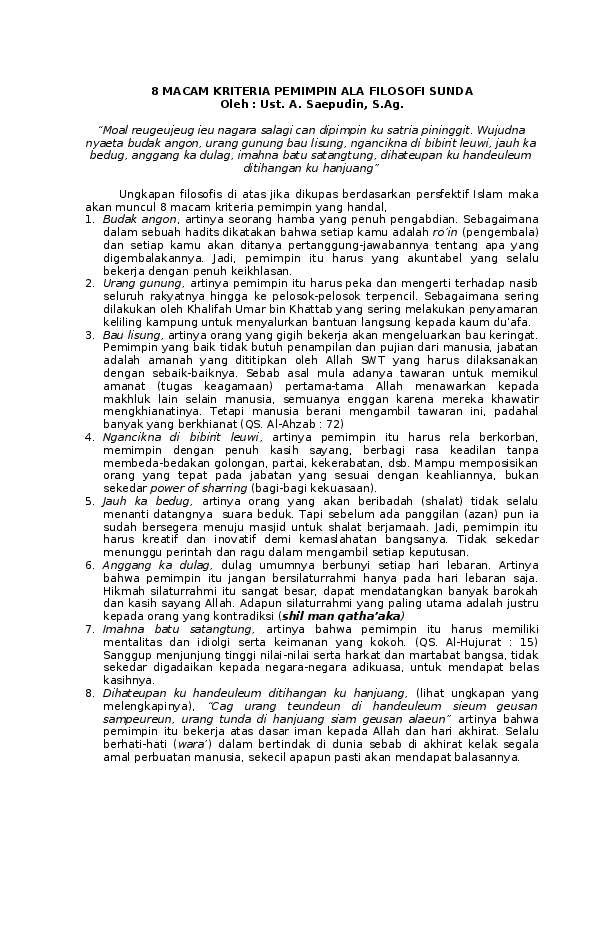 (DOC) 8 MACAM KRITERIA PEMIMPIN ALA FILOSOFI SUNDA Oleh