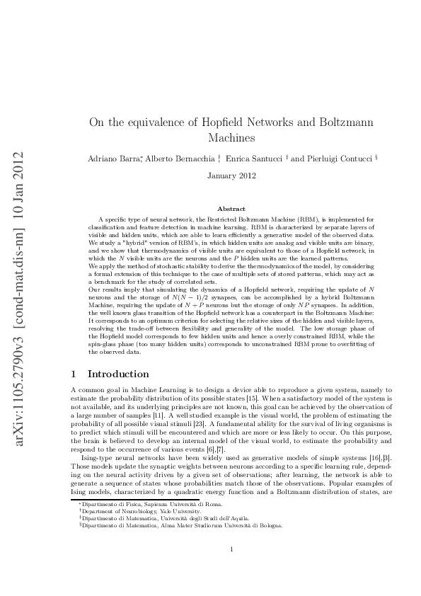 (PDF) On the equivalence of Hopfield Networks and Restricted Boltzmann Machines