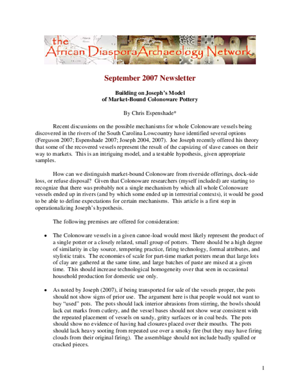 (PDF) Building on Joseph’s Model of Market-Bound Colonoware Pottery