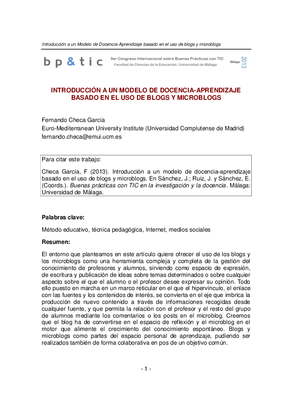 (PDF) Introducción a un Modelo de Docencia-Aprendizaje basado en el uso de blogs y microblogs