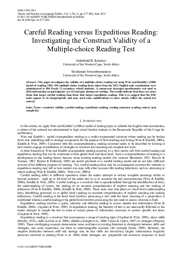 (PDF) Careful Reading versus Expeditious Reading: Investigating the Construct Validity of a ...