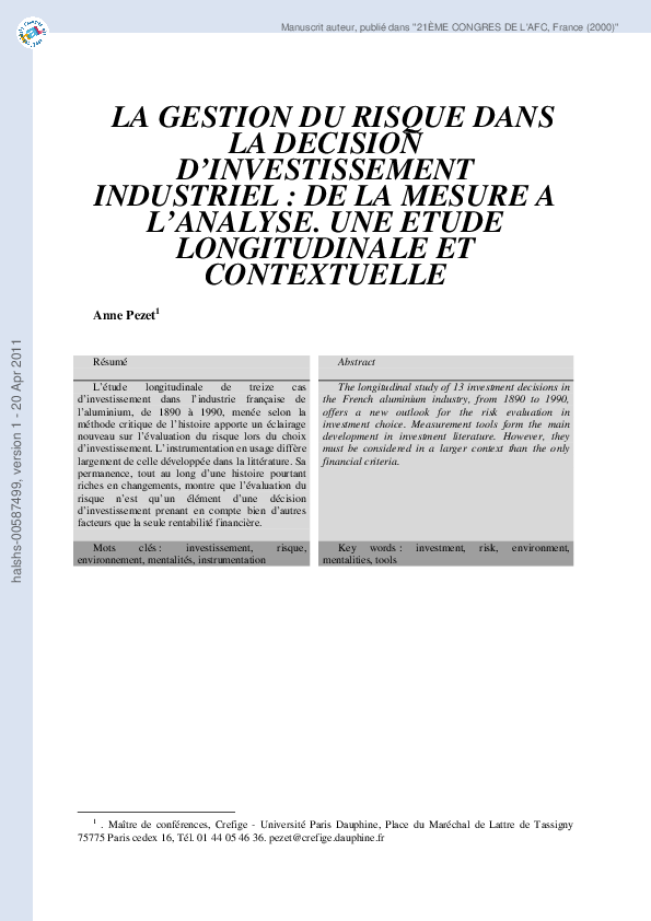 (PDF) LA GESTION DU RISQUE DANS LA DECISION D'INVESTISSEMENT INDUSTRIEL : DE LA MESURE A L ...