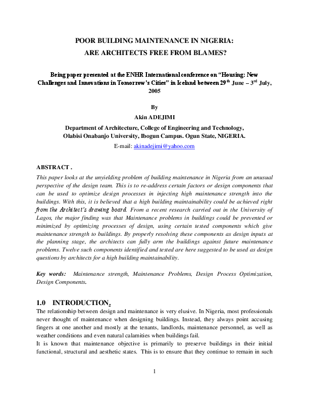 (PDF) Poor Building Maintenance in Nigeria: Are Architects Free from ...