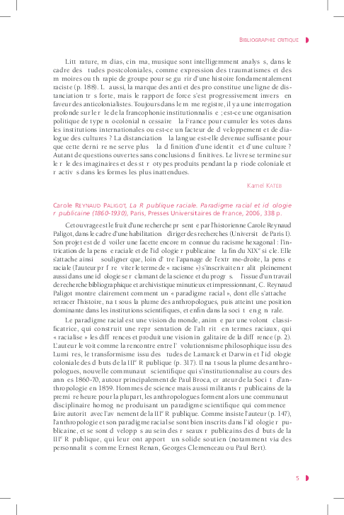 (PDF) Carole REYNAUD PALIGOT, La République raciale. Paradigme racial ...
