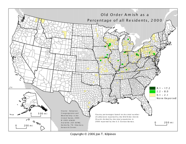 Old Order Amish as a Percentage of All Residents, 2000