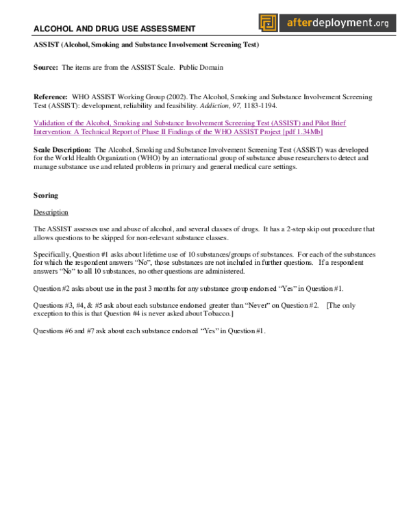 (PDF) ALCOHOL AND DRUG USE ASSESSMENT ASSIST (Alcohol, Smoking and ...