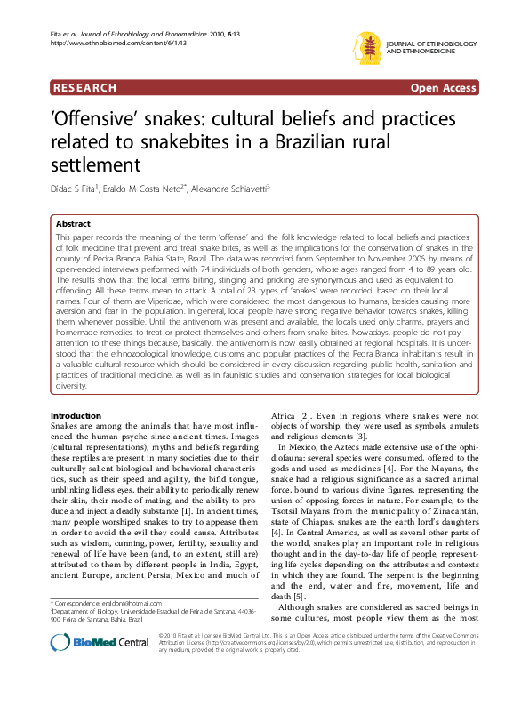(PDF) ‘Offensive’ snakes: cultural beliefs and practices related to ...