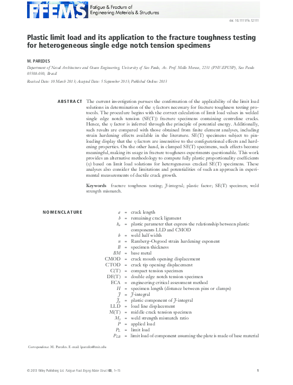 (PDF) Plastic limit load and its application to the fracture toughness ...