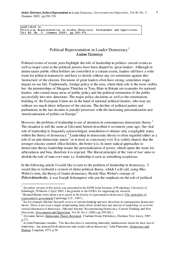 (PDF) Political Representation in Leader Democracy