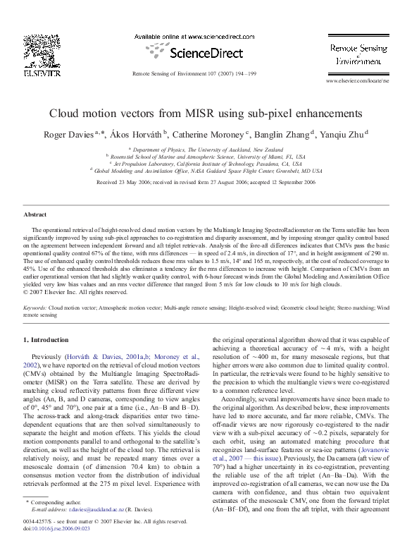 (PDF) Cloud motion vectors from MISR using sub-pixel enhancements