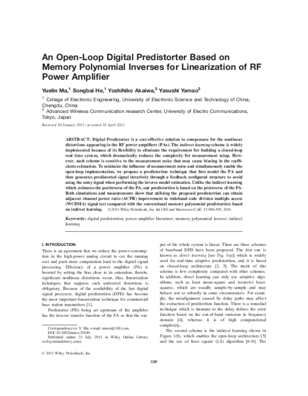 Pdf An Open Loop Digital Predistorter Based On Memory Polynomial Inverses For Linearization Of