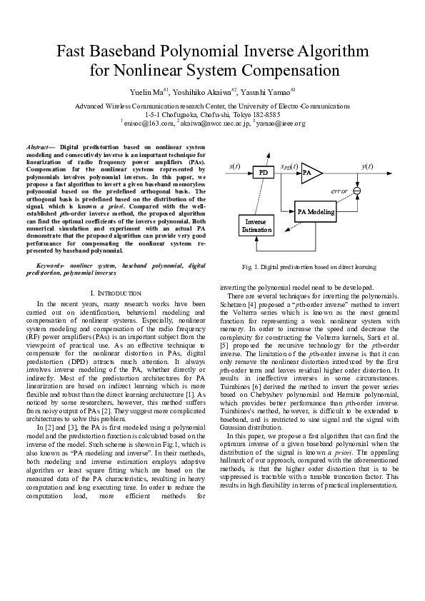 Pdf Fast Baseband Polynomial Inverse Algorithm For Nonlinear System Compensation