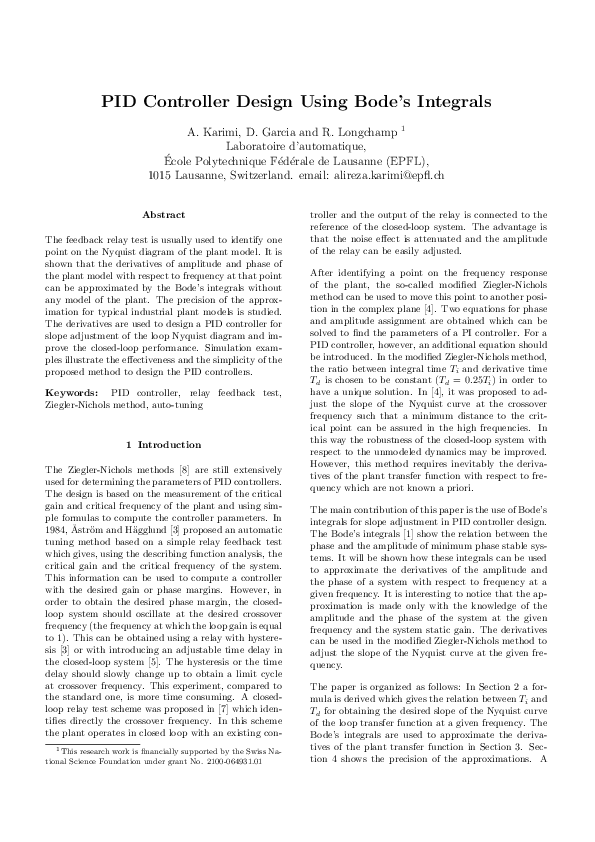 (PDF) PID controller design using Bode's integrals