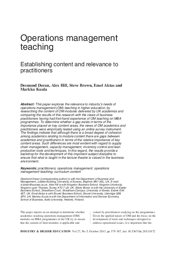 (PDF) Operations management teaching Establishing content and relevance ...