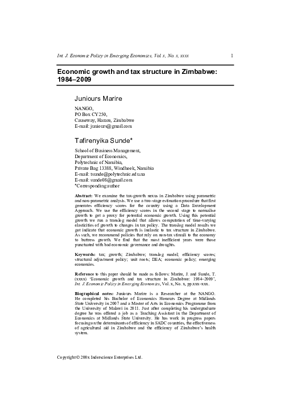 (PDF) Economic growth and tax structure in Zimbabwe: 1984–2009