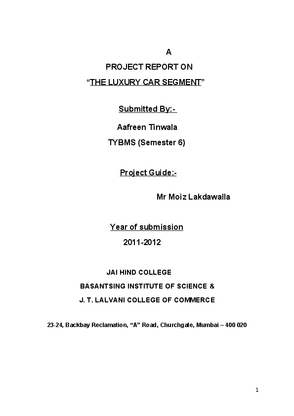 (PDF) A PROJECT REPORT ON "THE LUXURY CAR SEGMENT" Submitted By:- Aafreen Tinwala TYBMS ...