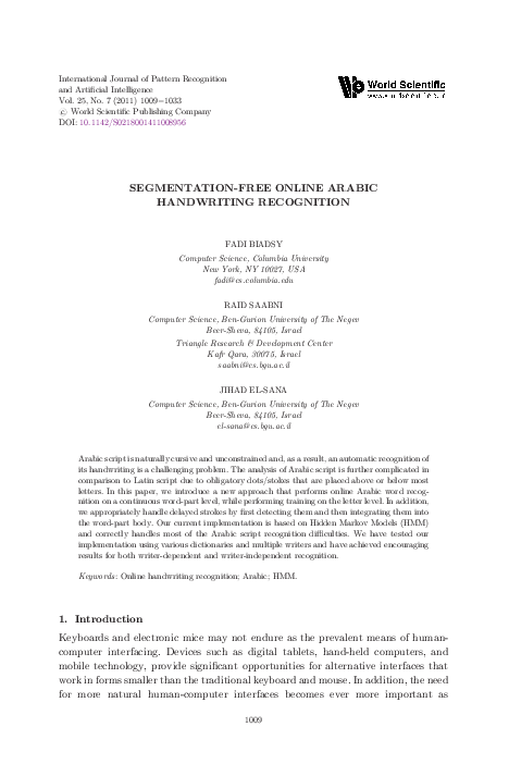 Pdf Segmentation Free Online Arabic Handwriting Recognition