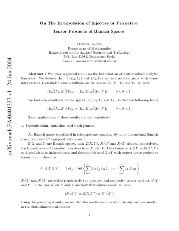 Pdf On The Interpolation Of Injective Or Projective Tensor Products Of Banach Spaces