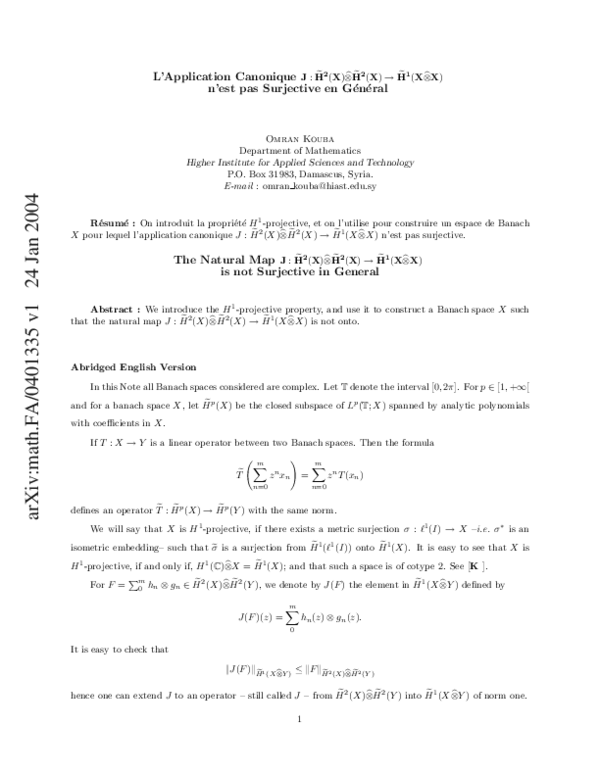 (PDF) L’Application Canonique J:H^2(X)xH^2(X)-->H^1(XxX) n'est pas ...