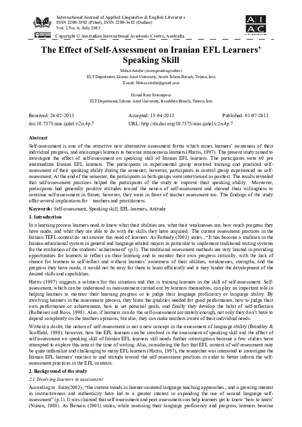 (PDF) The Effect of Self-Assessment on Iranian EFL Learners’ Speaking Skill