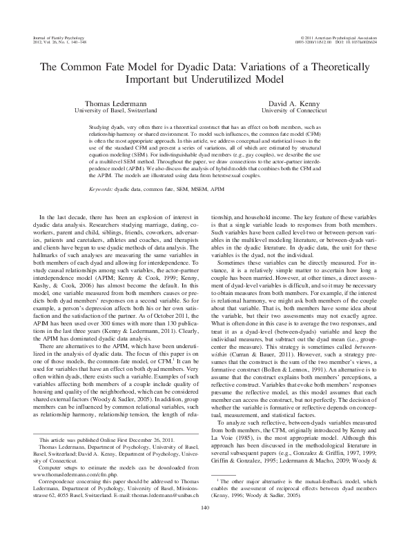 The Common Fate Model for Dyadic Data: Variations of a Theoretically ...